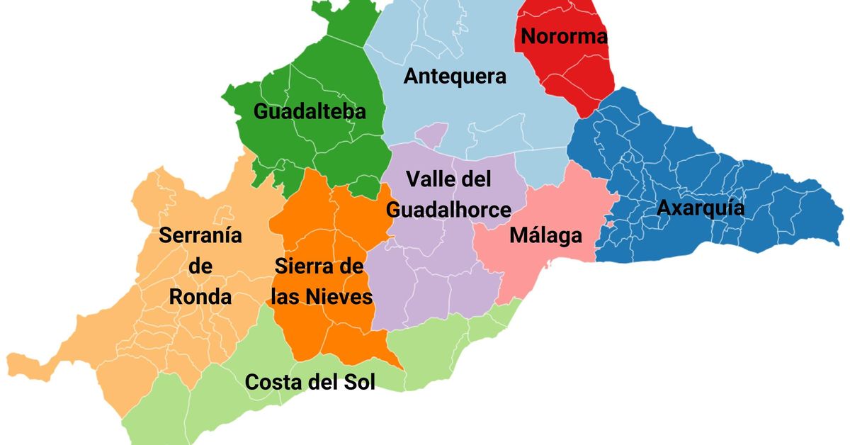 Mapa con todas las comarcas de la provincia de Málaga